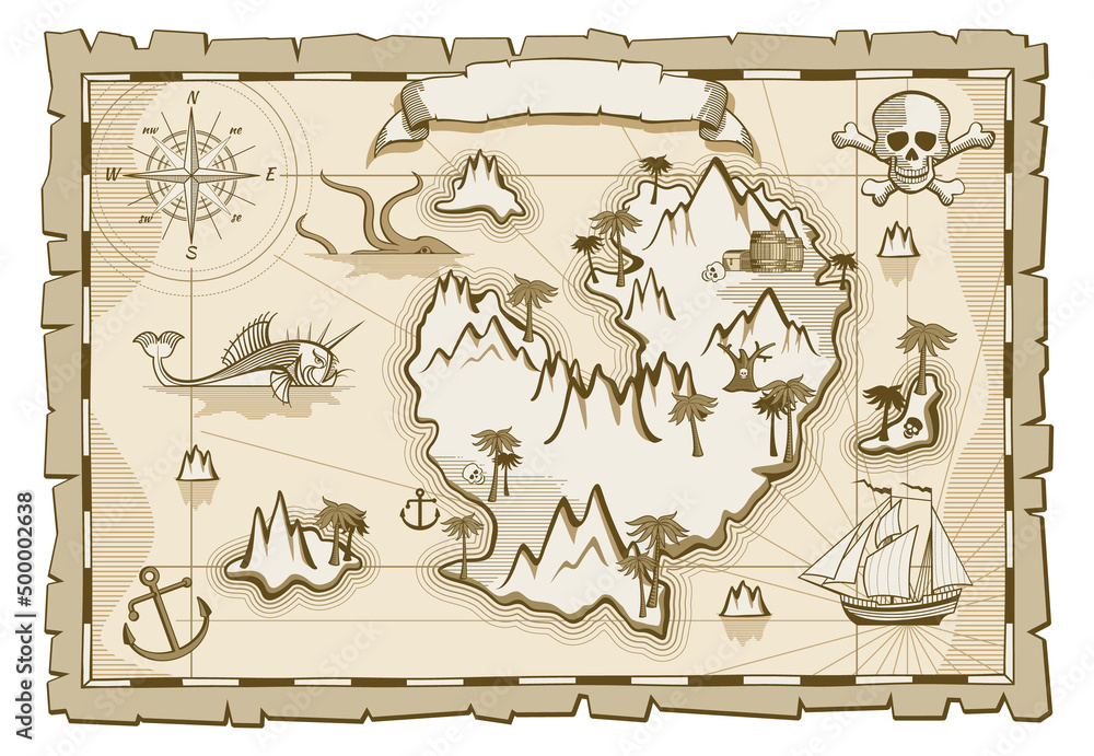 Treasure map template. Aged paper with pirate island Stock Vector ...