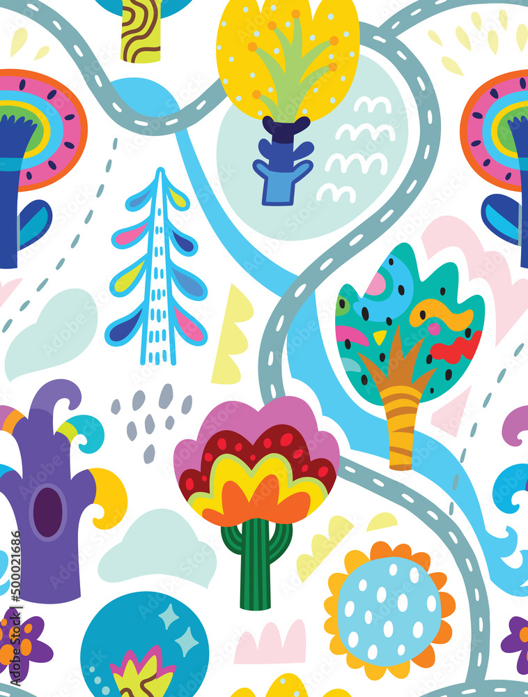 Magical fantasy forest. Map with fantasy trees. Vector illustration ...