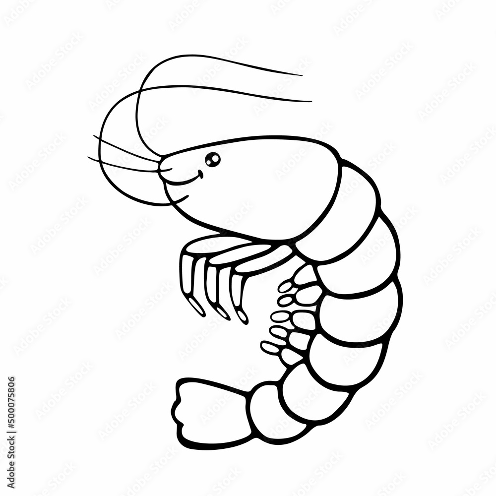 Outline drawing of cartoon shrimp. Kids coloring page with a funny ...