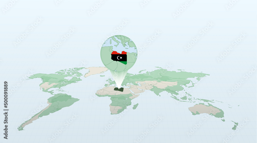 World map in perspective showing the location of the country Libya with ...