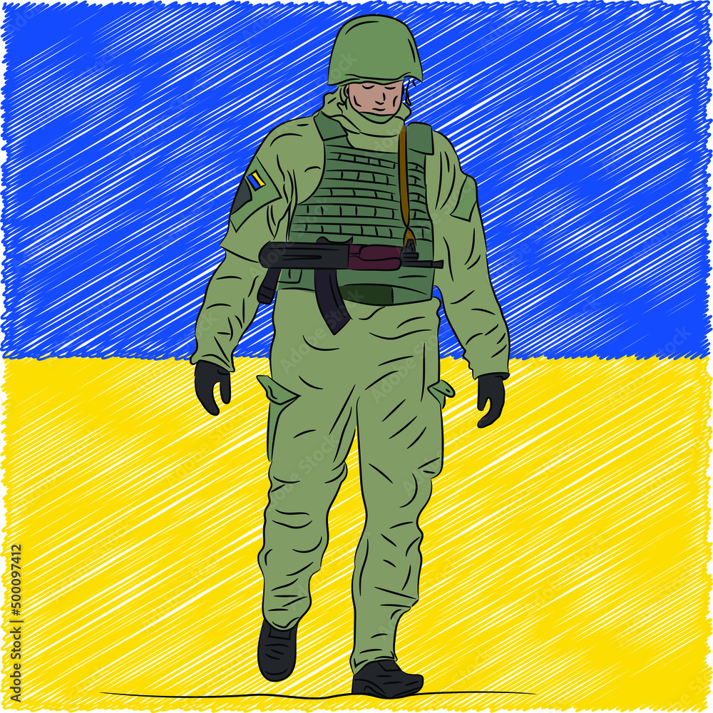 Vector image of a Ukrainian soldier in a cash register and body armor ...