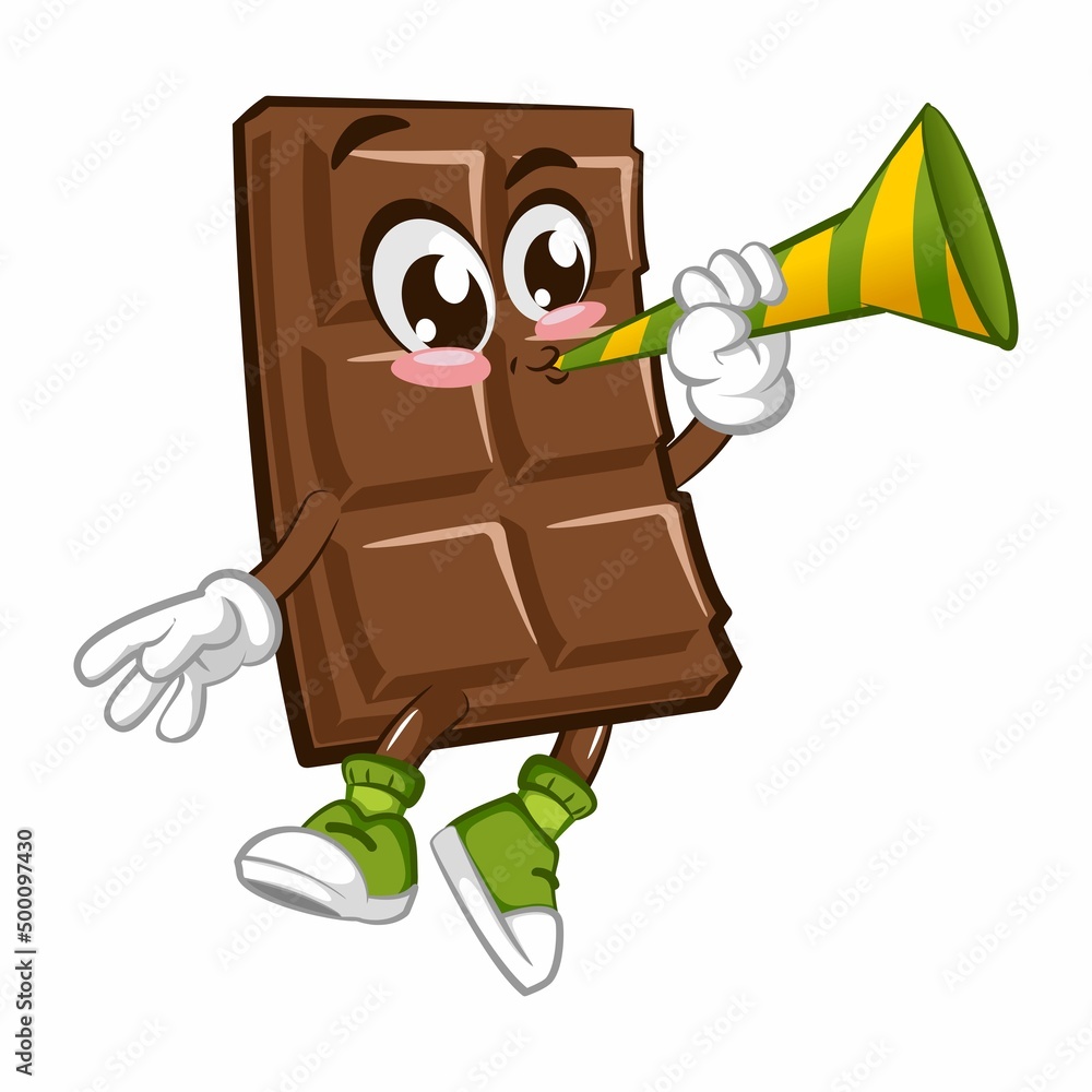 Cute chocolate bar character with funny face blowing party trumpet ...