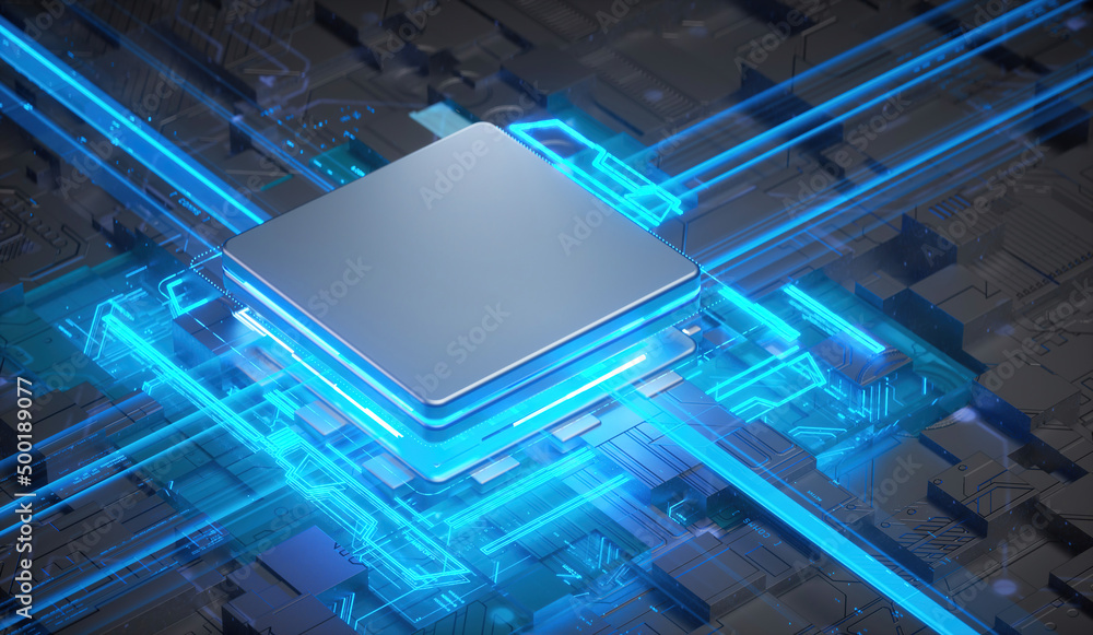 3D rendering of cyberpunk AI. Circuit board. Technology background ...