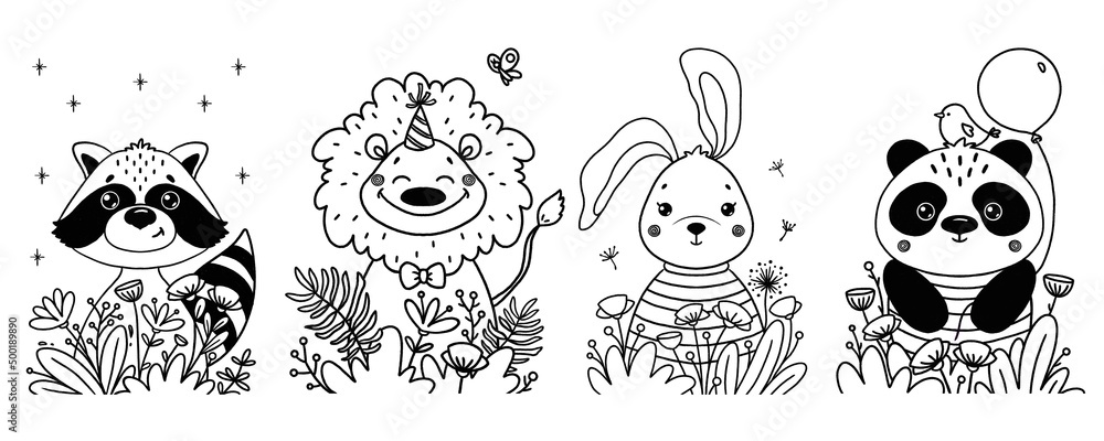 Set of cute cartoon characters outline. Coloring page for kids. Contour ...