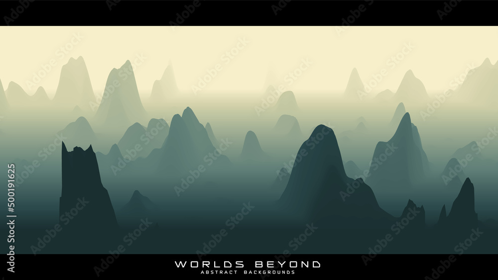 Abstract green landscape with misty fog till horizon over mountain ...