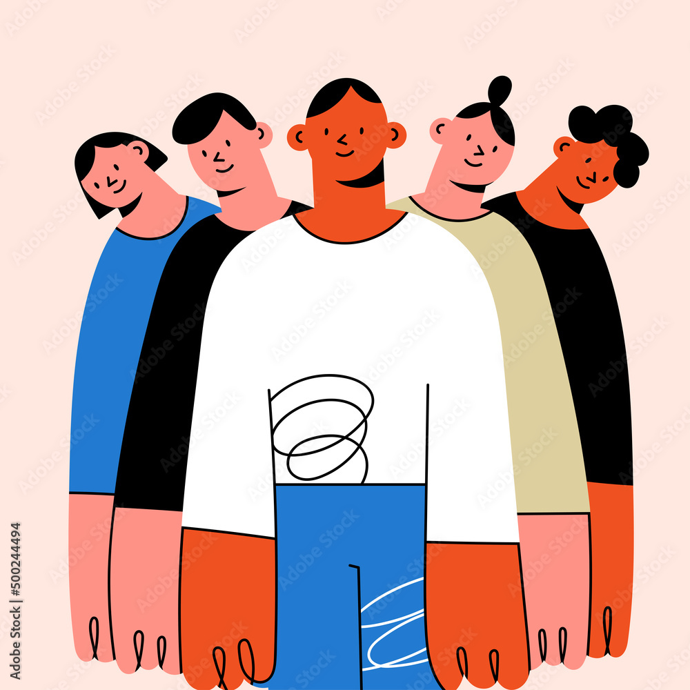 Group of men and women. Friends or coworkers are standing behind one ...