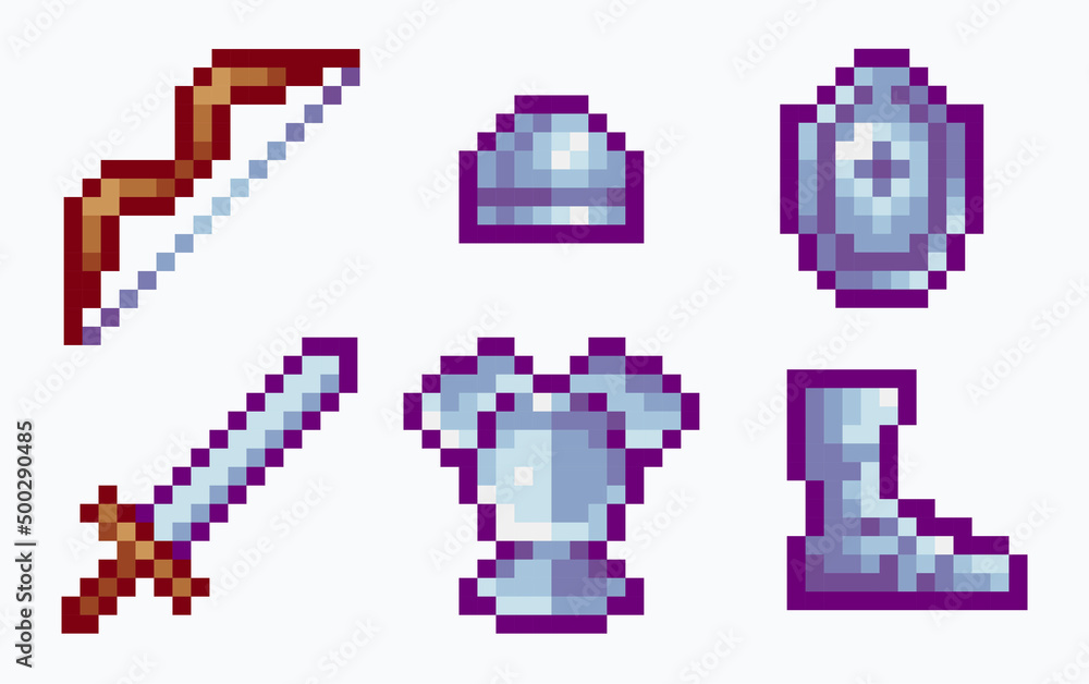 Steel armor and weapons pixel art set. Medieval combat ammunition ...