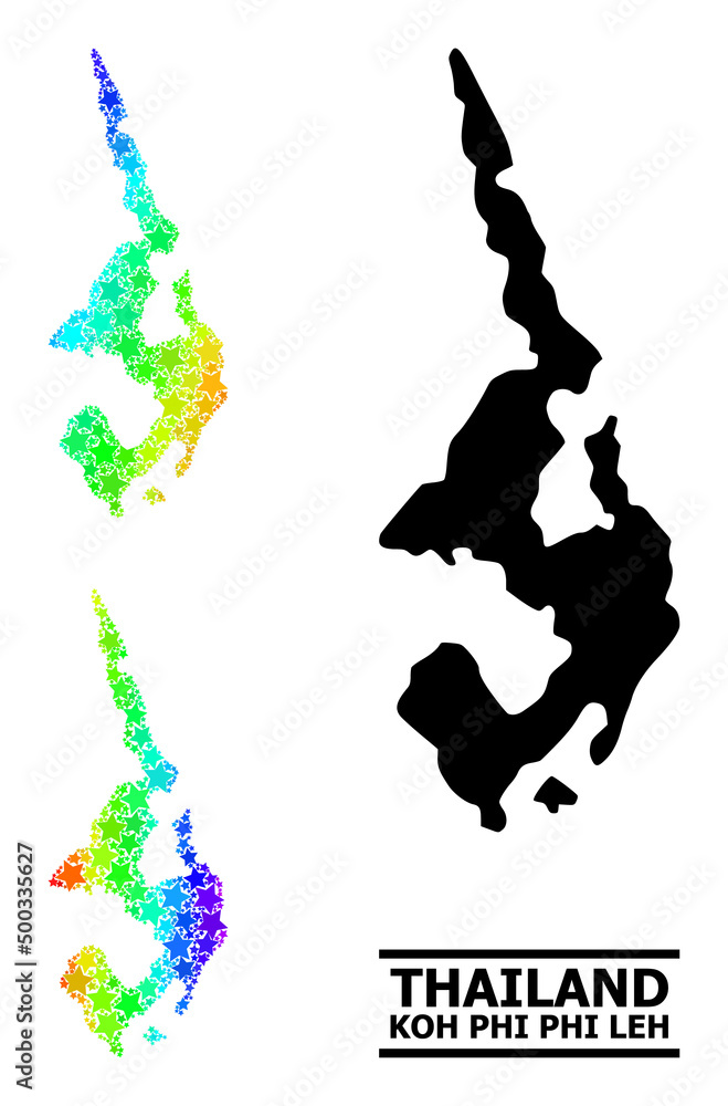 Spectrum gradient star collage map of Koh Phi Leh. Vector colored map ...