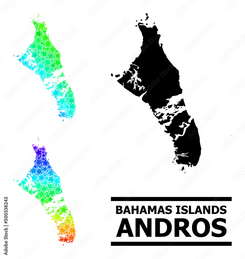 Spectral gradiented star collage map of Bahamas - Andros Island. Vector ...