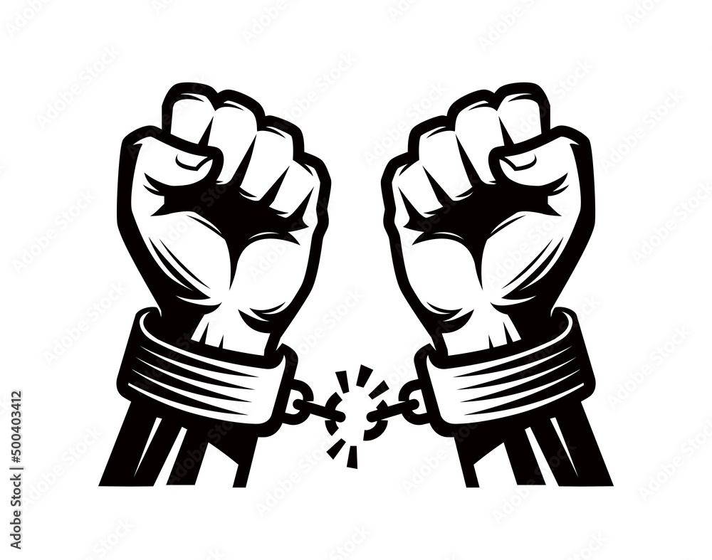 Hands tearing shackles. Two hands clenched into fist breaking chains ...