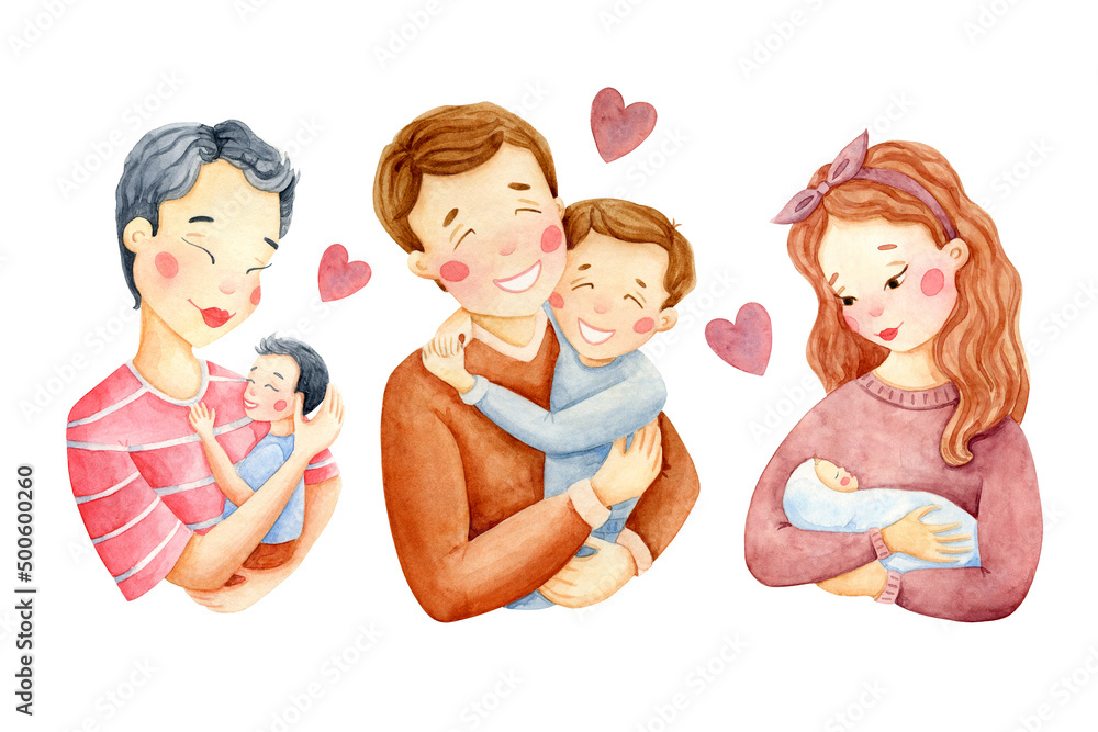 Family clip art set. Watercolor illustrations with kids and parents ...
