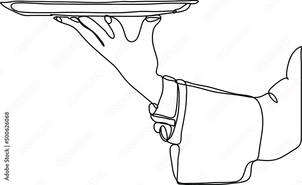 continuous one line sketch drawing of waiter hand holding empty plate ...