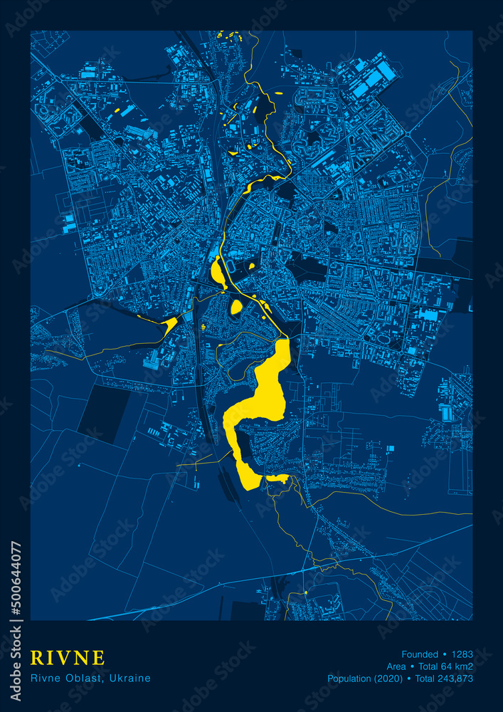 City Rivne Ukraine Vector Poster Highly Detailed Map In Patriotic ...