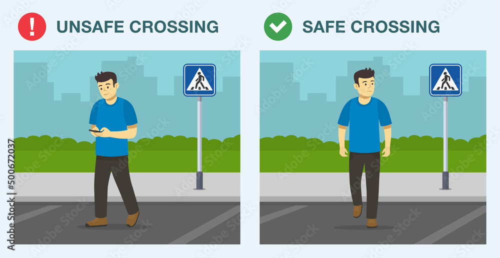 Pedestrian road safety rules. Young male character using mobile phone ...