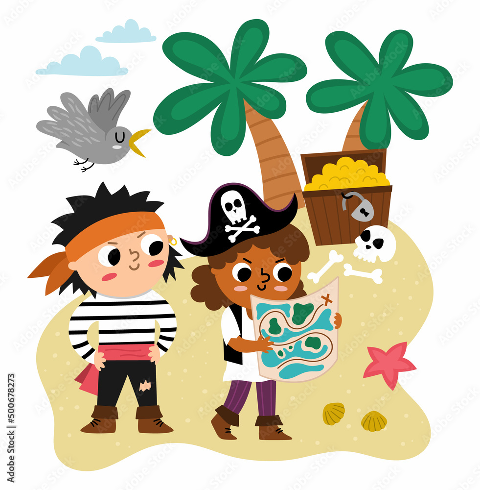 Vector pirate kids with map looking for treasure chest. Cute treasure ...
