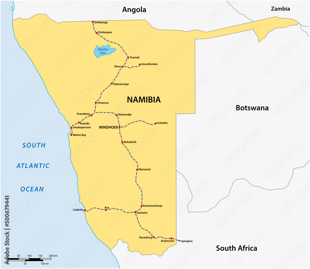 Route network map and train stations in Namibia Stock Vector | Adobe Stock