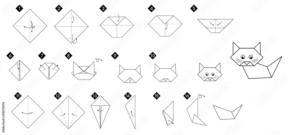 How to make origami cat. Black line monochrome step by step ...