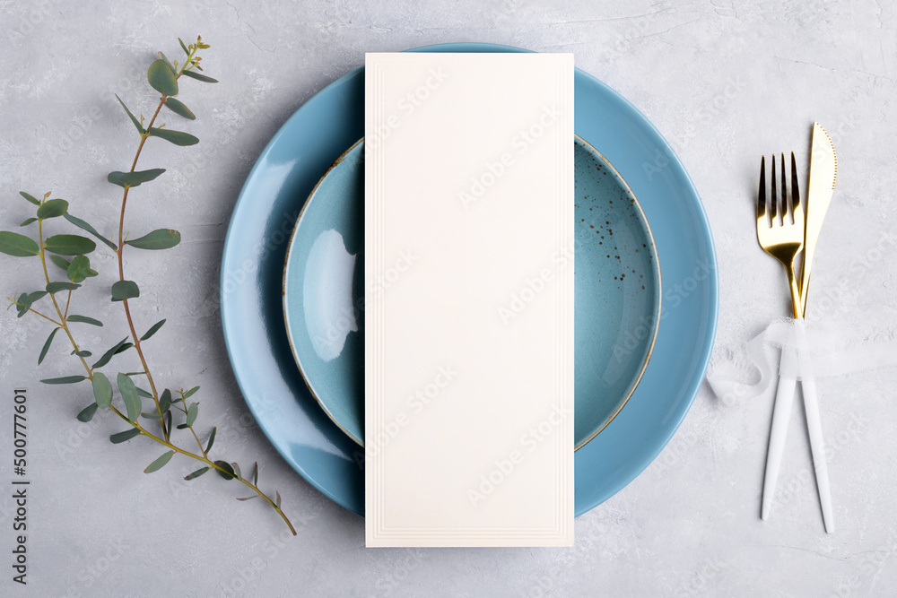 Vertical menu card mockup with festive wedding or birthday table ...