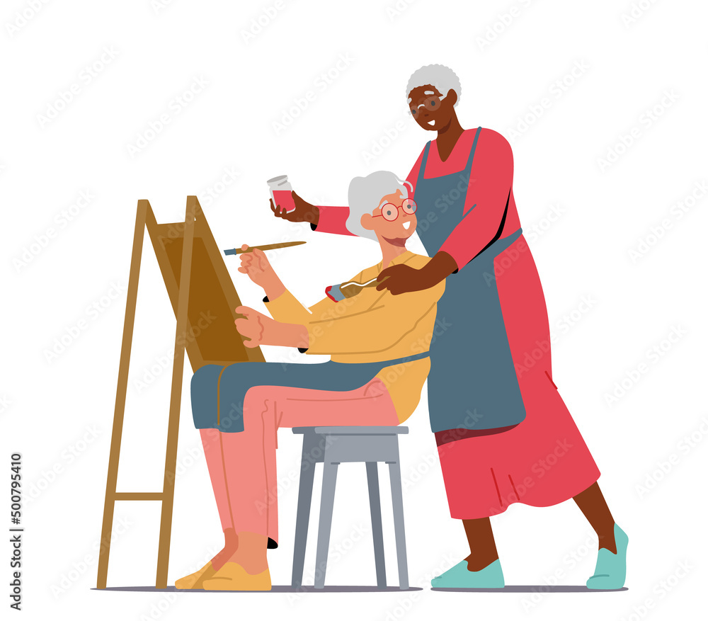 Pensioner Artistic Occupation, Painting. Senior Lady Learn Drawing in ...
