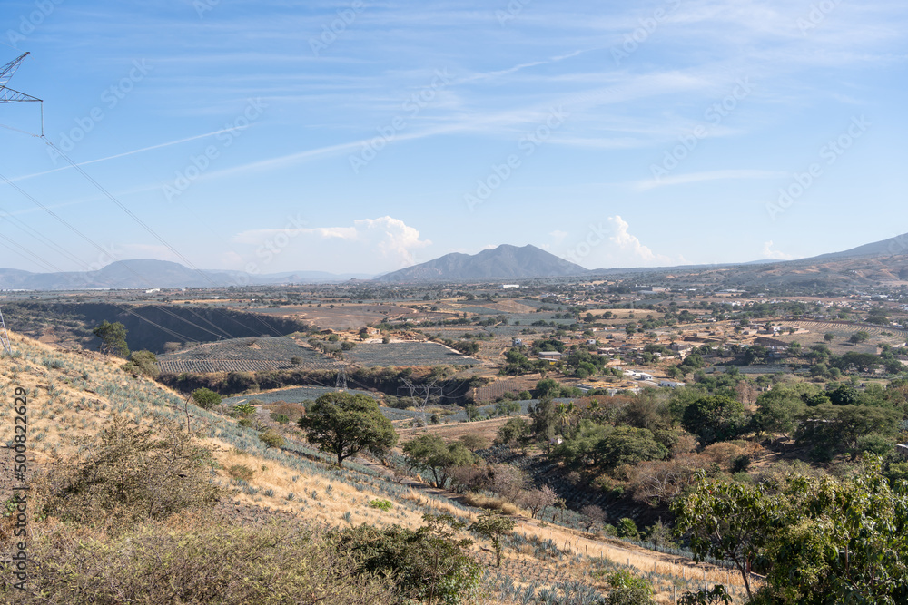 Paisaje agavero del pueblo mágico de Tequila Jalisco, lleno de siembras ...