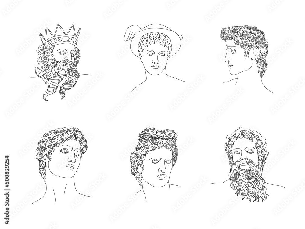Stockvector Ancient greek sculpture. Set of linear gods antique statues ...