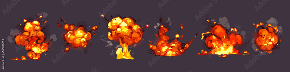 Cartoon dynamite or bomb explosion, fire set. Boom clouds and smoke ...