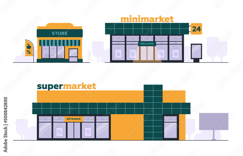 The shops. Architecture. Supermarket, mini market, convenience store ...
