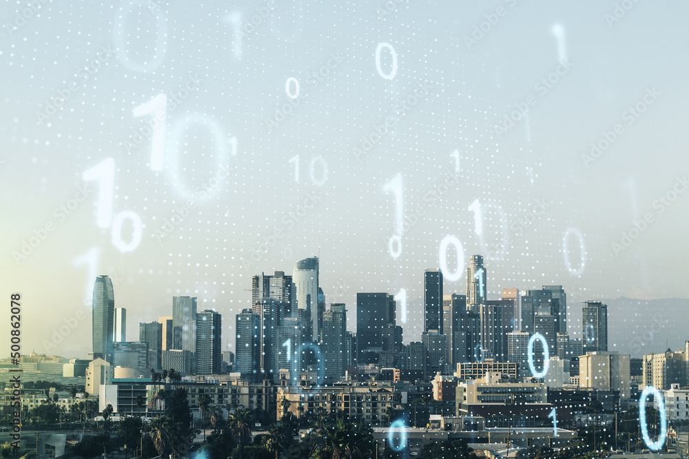 Double exposure of abstract virtual binary code hologram on Los Angeles ...