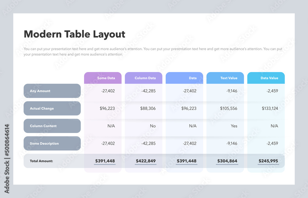 Modern table layout template with a total amount row. Flat design, easy ...