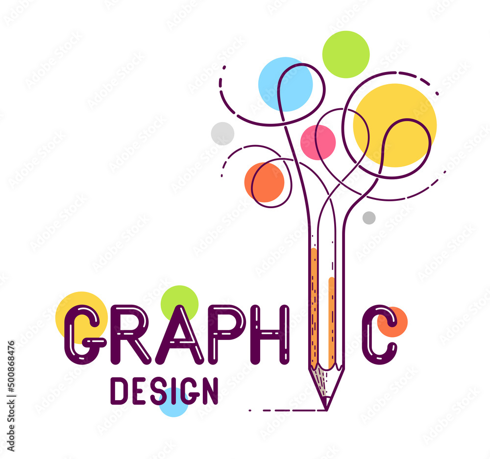 Graphic design words with pencil instead of letter I, designer and ...