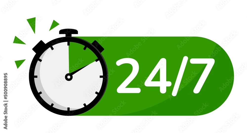 Vector Illustration 24 7 Service Icon. 24-7 open, concept with timer ...