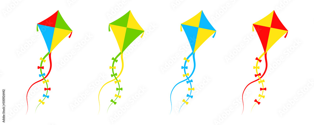 Colored kites vector set on white background. Beautiful kite flat icons ...