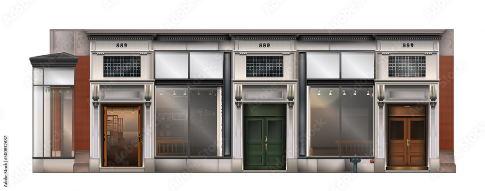 Detailed facade of a long building. Commercial space. Illustration of a ...