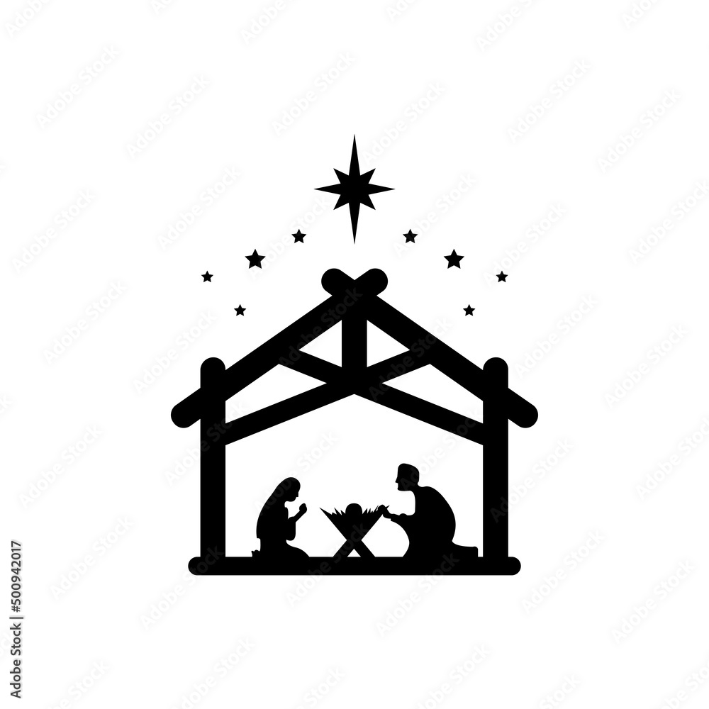 Jesus Christ was born symbol sign. Mary and Joseph bowed to the newborn ...