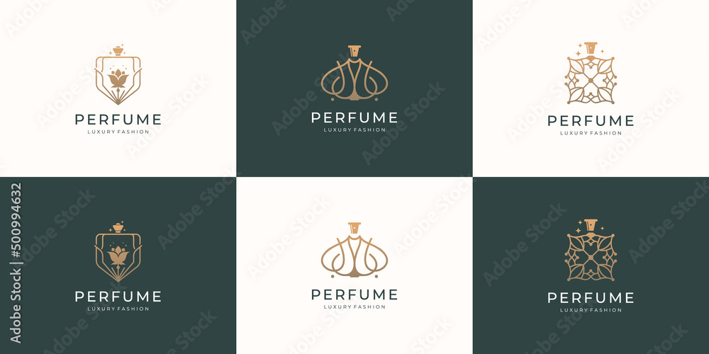set perfume bottle logo design with golden color inspiration. logo for ...