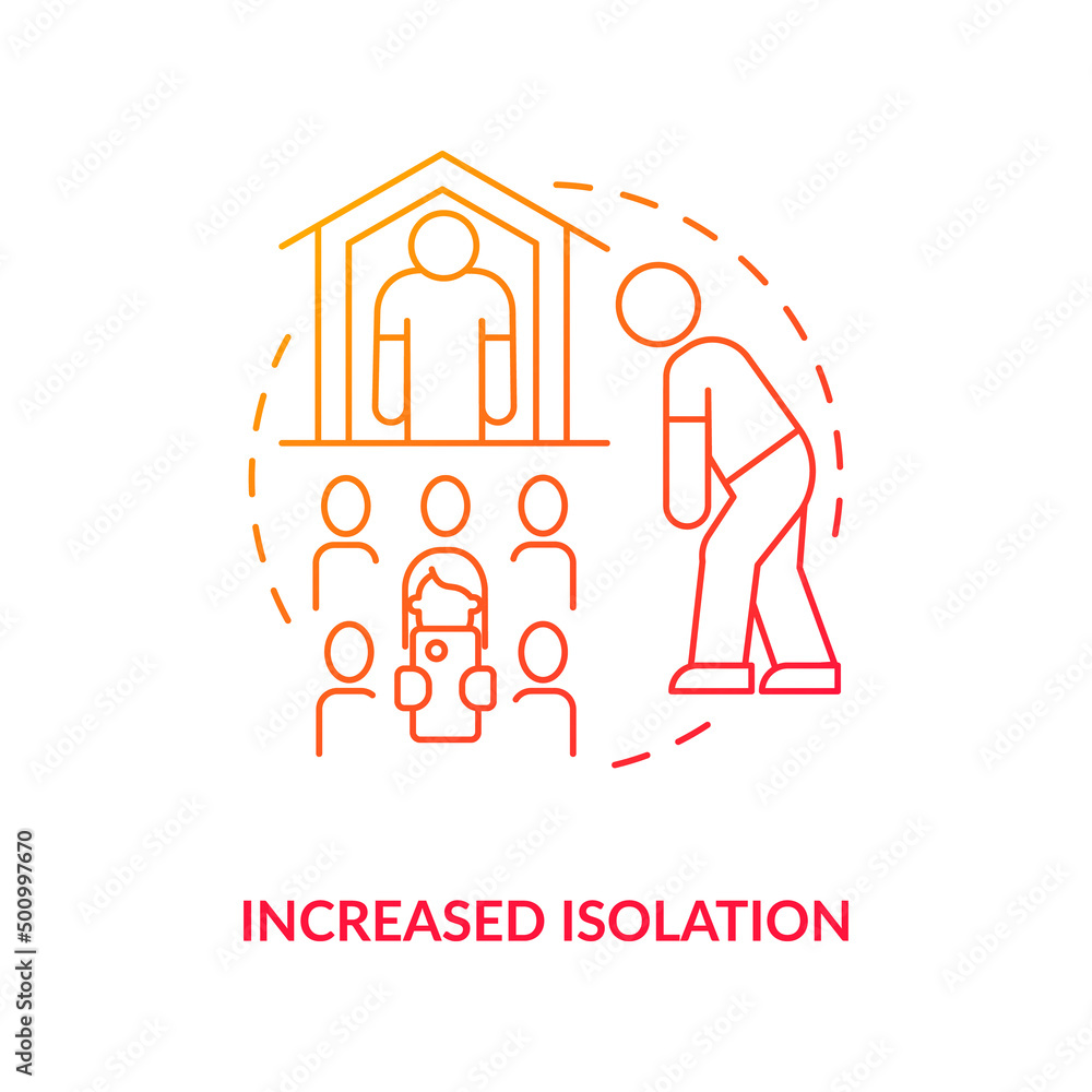 Increased isolation red gradient concept icon. Loneliness problem ...