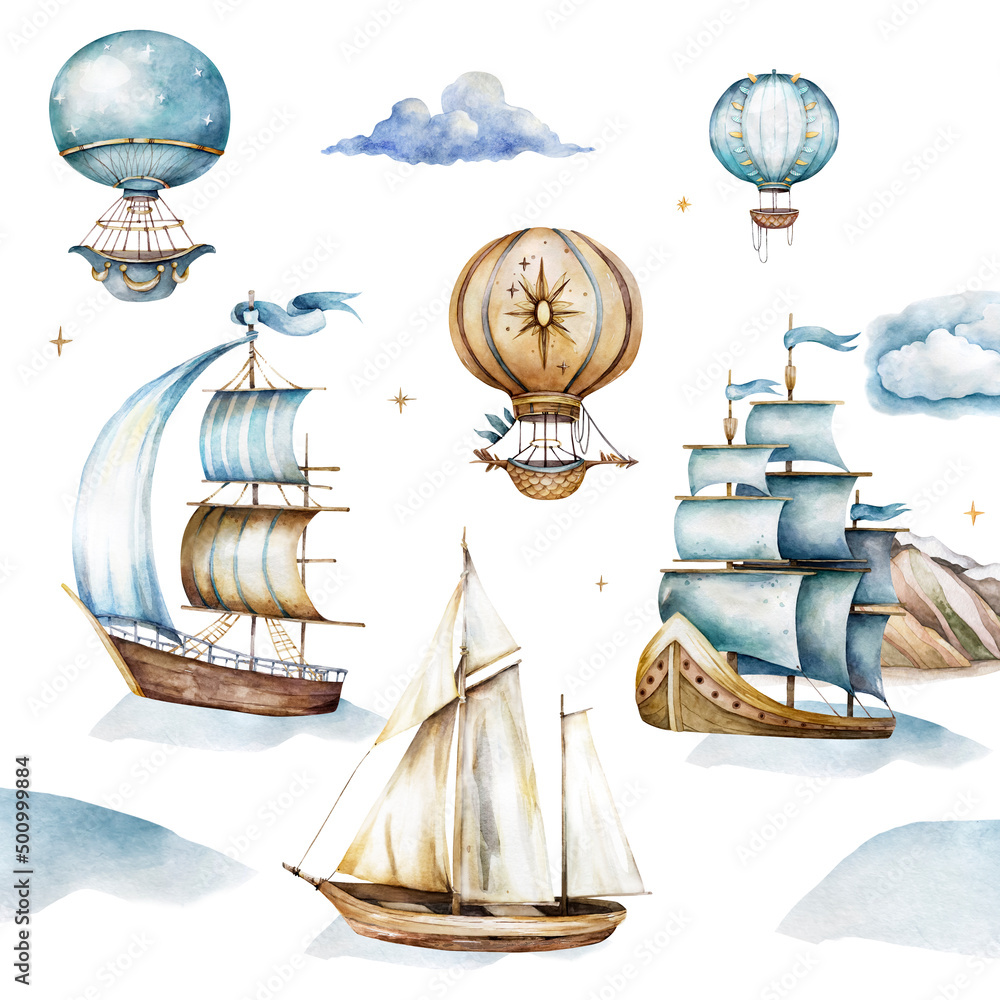 Ship watercolor.ship.children's dreams.dream.clouds,sea adventures ...