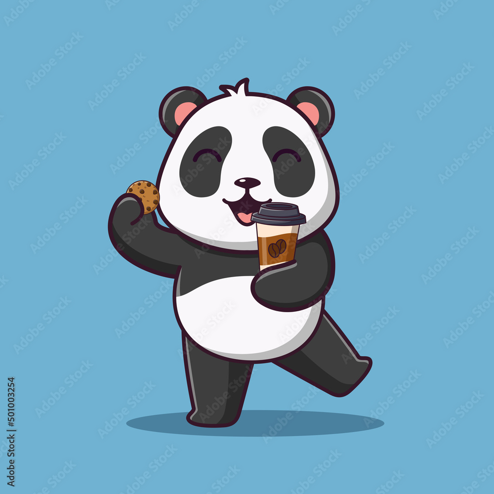 Cute cartoon panda holding a cup of coffee and biscuits,vector cartoon ...
