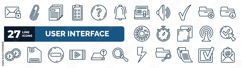 set of user interface web icons in outline style. thin line icons such as unlock envelope, form ...