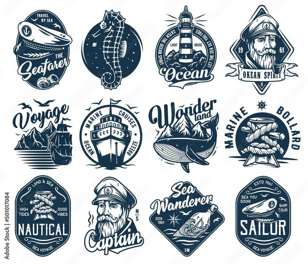 Nautical marine sailor prints, captain cap and bollard, sea ship ...