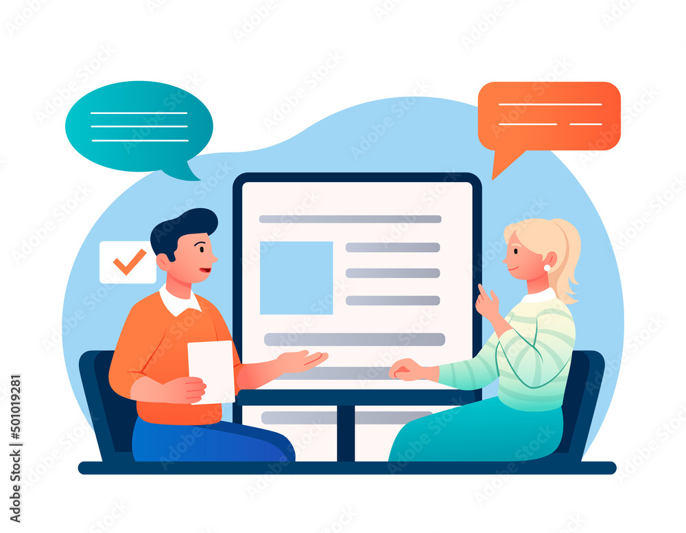 Woman having interview. Young girl came to work for company, staff ...