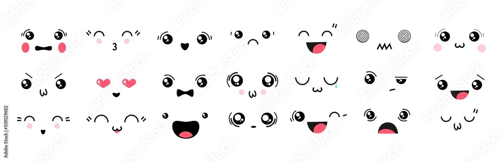 Kawaii cute faces. Manga style eyes and mouths. Funny cartoon japanese ...
