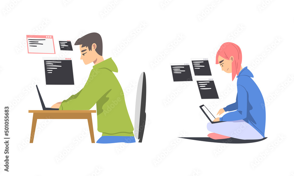 Programmers working on computers set. Side view of software developers ...