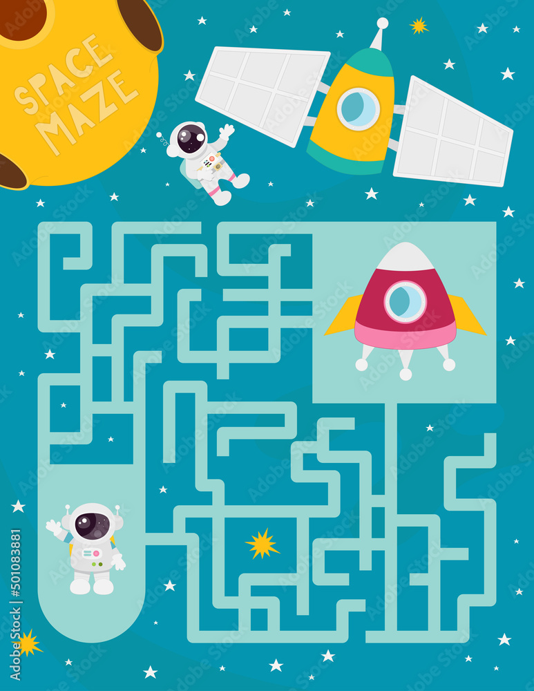 Space Maze game for children. Help the Spaceman get to Rocket. Vector ...