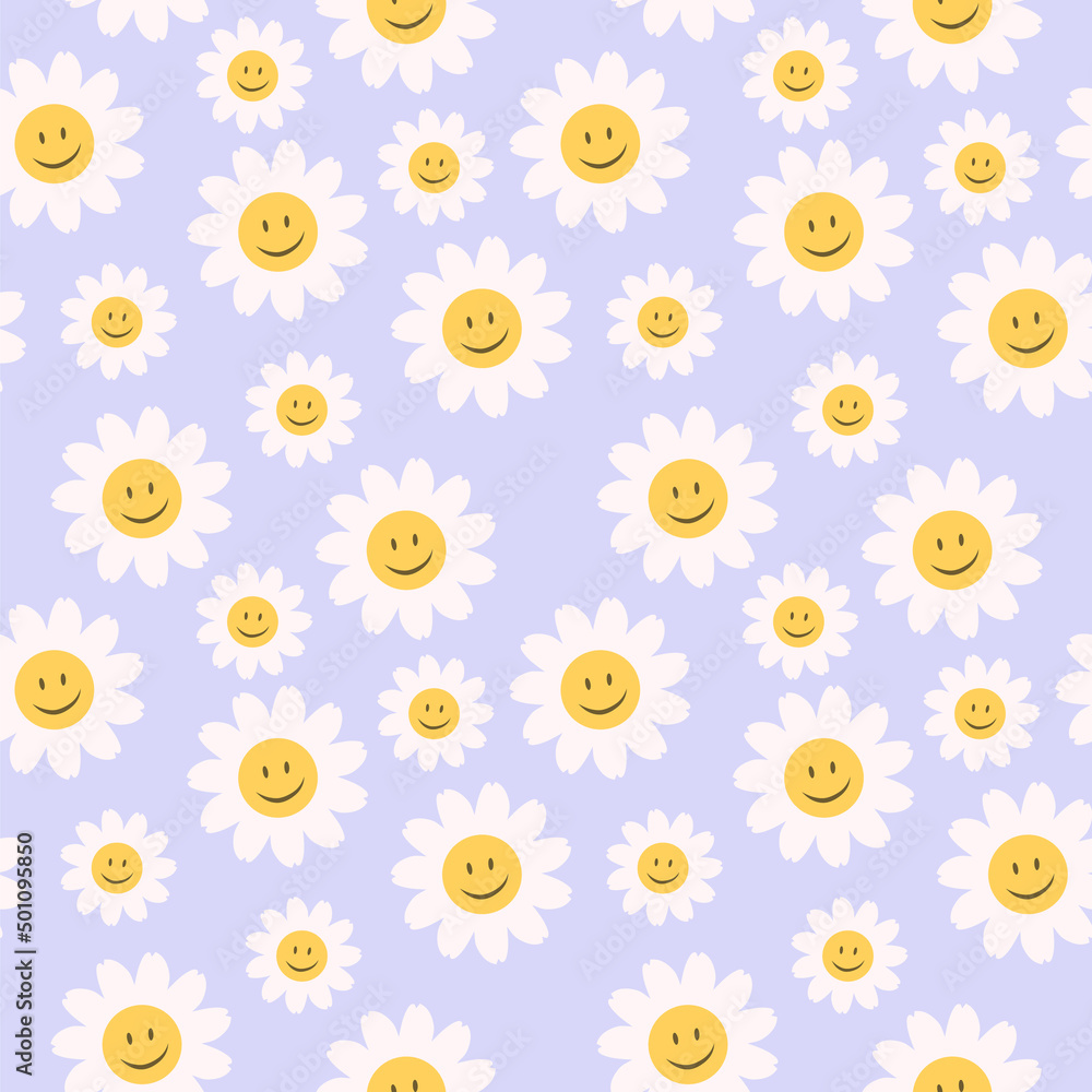 70’s cute seamless smiley face daisy pattern with flowers. Floral ...