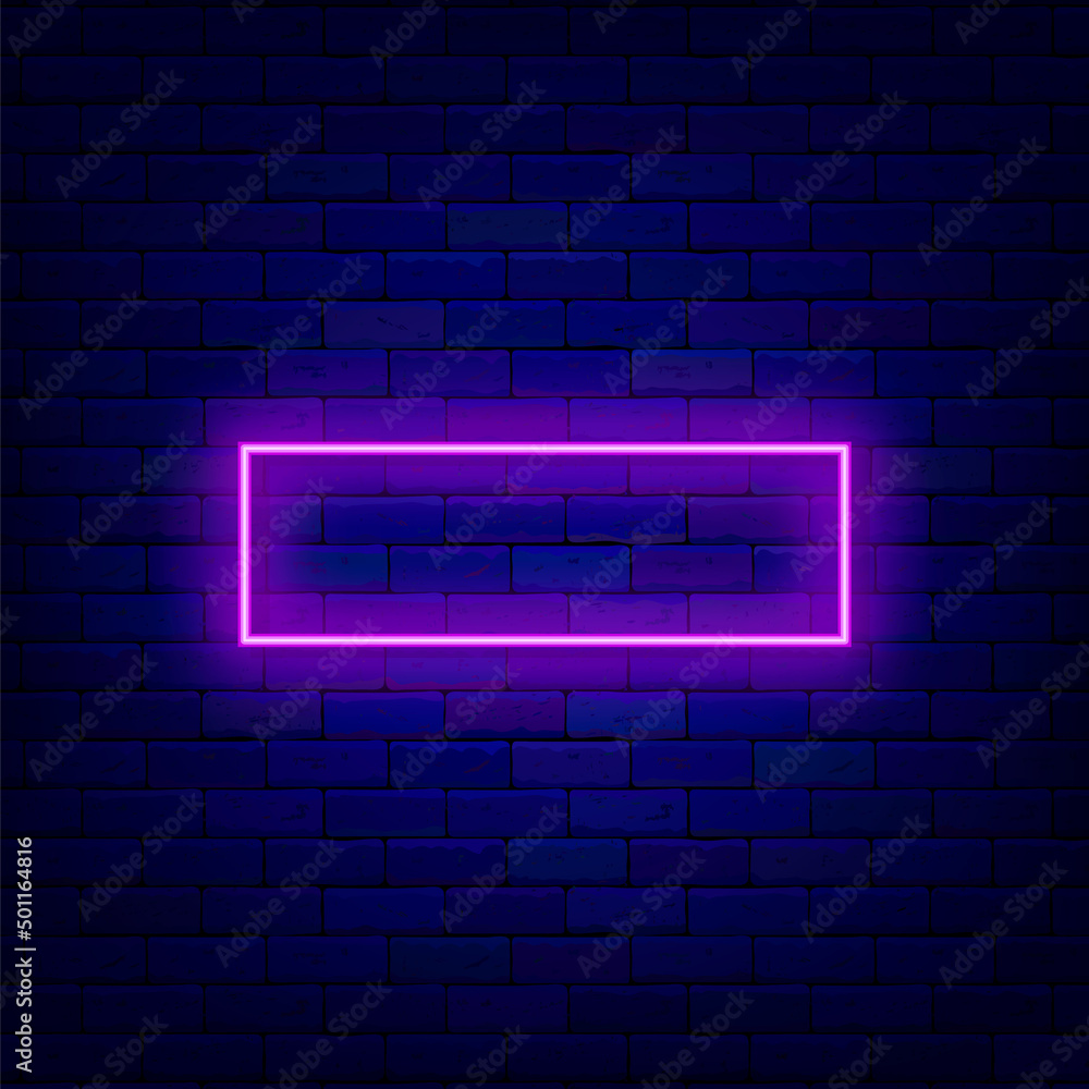 Rectangular purple neon frame on brick wall. Horizontal portrait ...