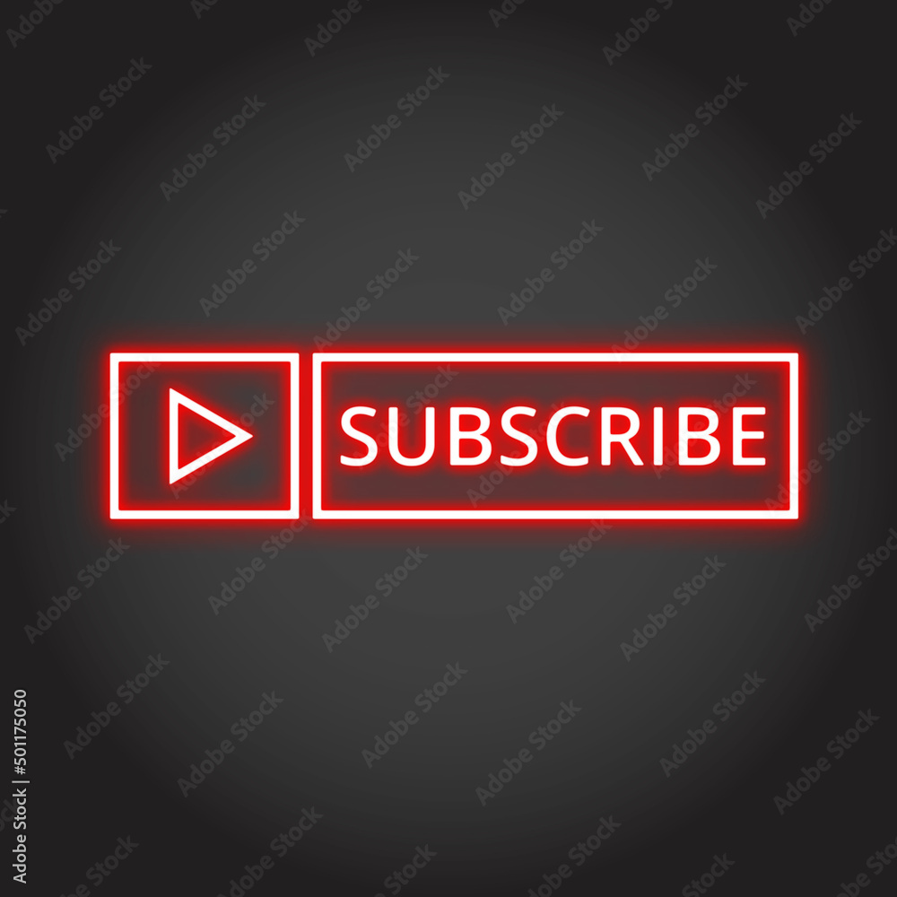 Subscribe button with play icon neon signboard, night bright ...