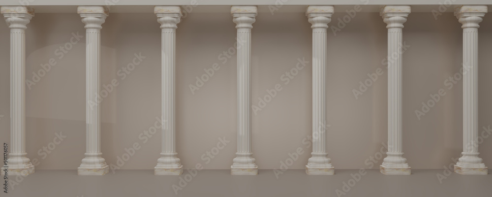 3D Ancient marble pillars in a row with light and shadow. Classic roman ...