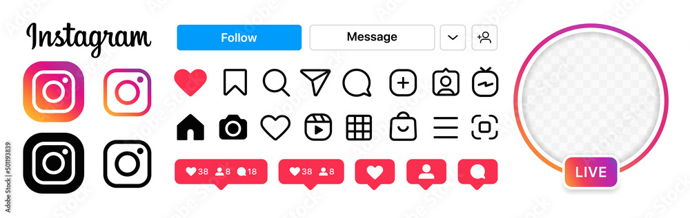 Instagram icons set UI on Apple iPhone vector set. Isolated buttons ...