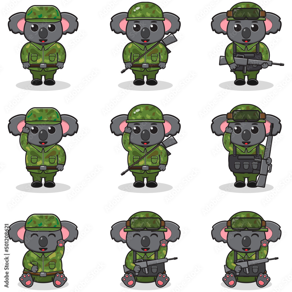 Vector illustrations of cute Koala as Soldier. Cute army set. flat ...
